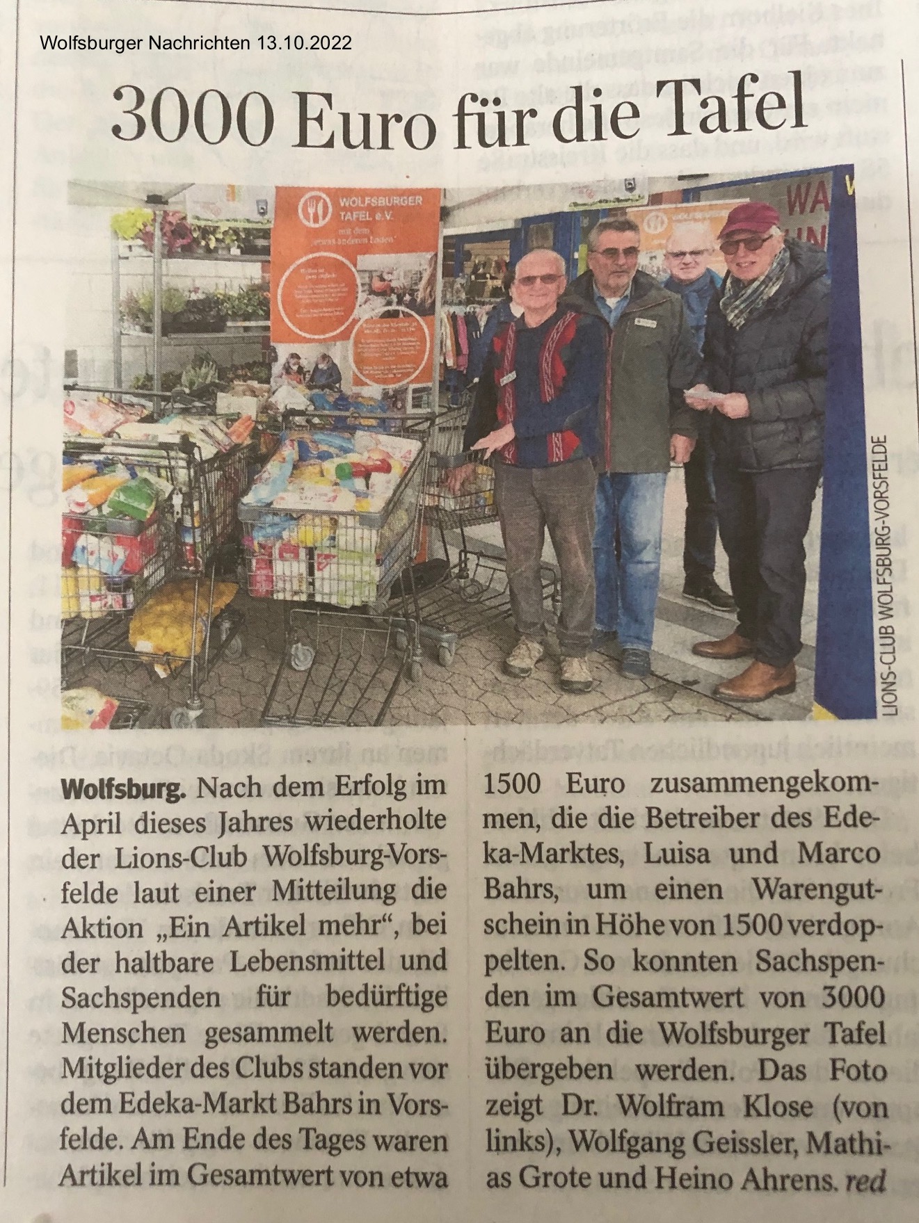 Warenspenden im Wert von € 3.000 für die Wolfsburger Tafel e. V. - Lions Club Wolfsburg-Vorsfelde